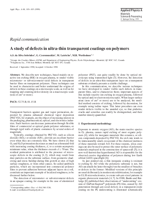 (PDF) A study of defects in ultra-thin transparent coatings on polymers