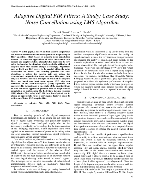 (PDF) Adaptive Digital FIR Filters: Case Study: Noise Cancellation using LMS Algorithm