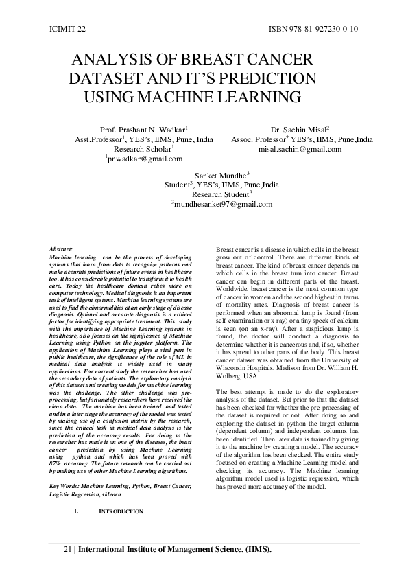 (PDF) ANALYSIS OF BREAST CANCER DATASET AND IT'S PREDICTION USING MACHINE LEARNING