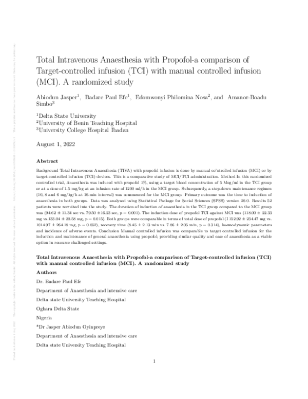 (PDF) Total Intravenous Anaesthesia with Propofol-a comparison of ...