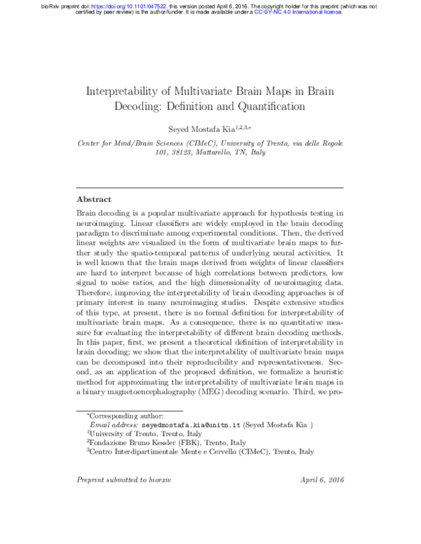 (PDF) Interpretability of Multivariate Brain Maps in Brain Decoding: Definition and Quantification
