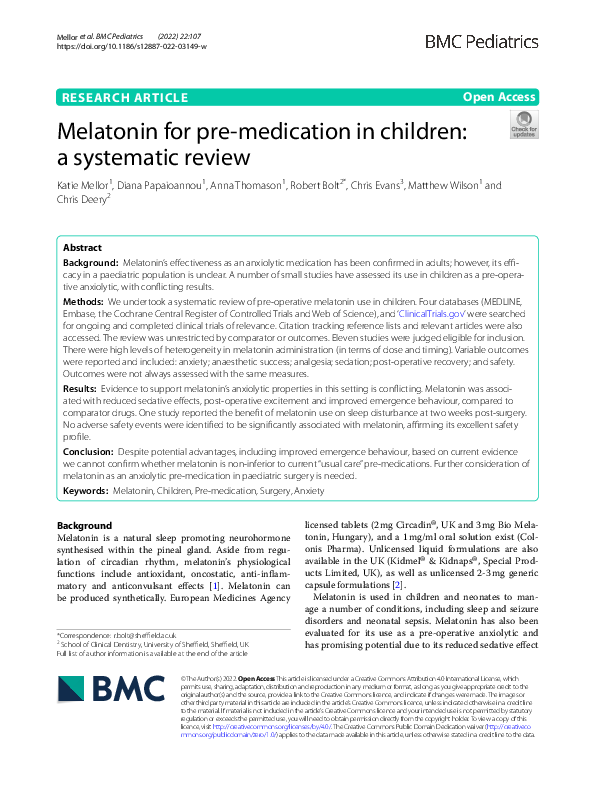 (PDF) Melatonin for pre-medication in children: a systematic review