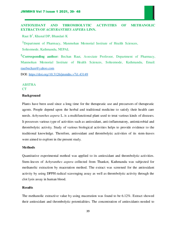 (PDF) Antioxidant and Thrombolytic Activities of Methanolic Extracts of Achyranthes aspera Linn