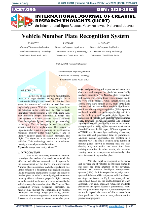 (PDF) Vehicle Number Plate Recognition System