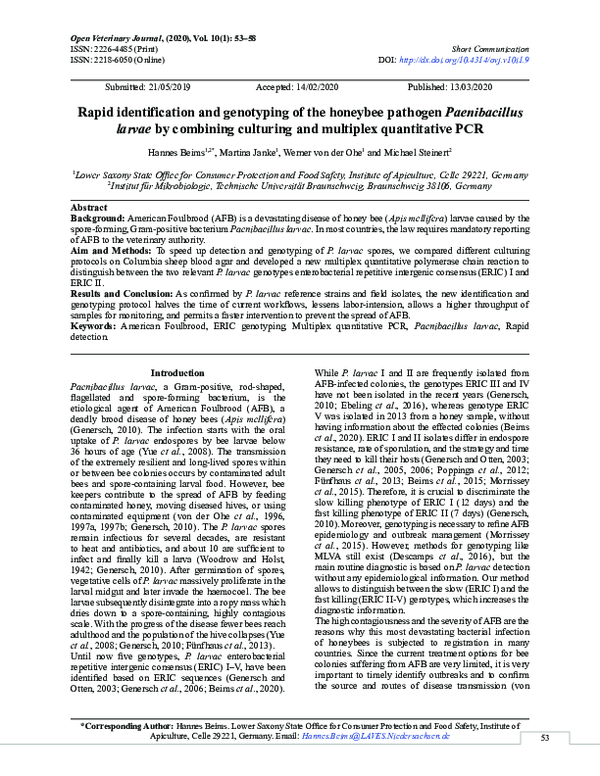 (PDF) Rapid identification and genotyping of the honeybee pathogen ...