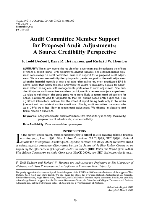 (PDF) Audit Committee Member Support for Proposed Audit Adjustments ...