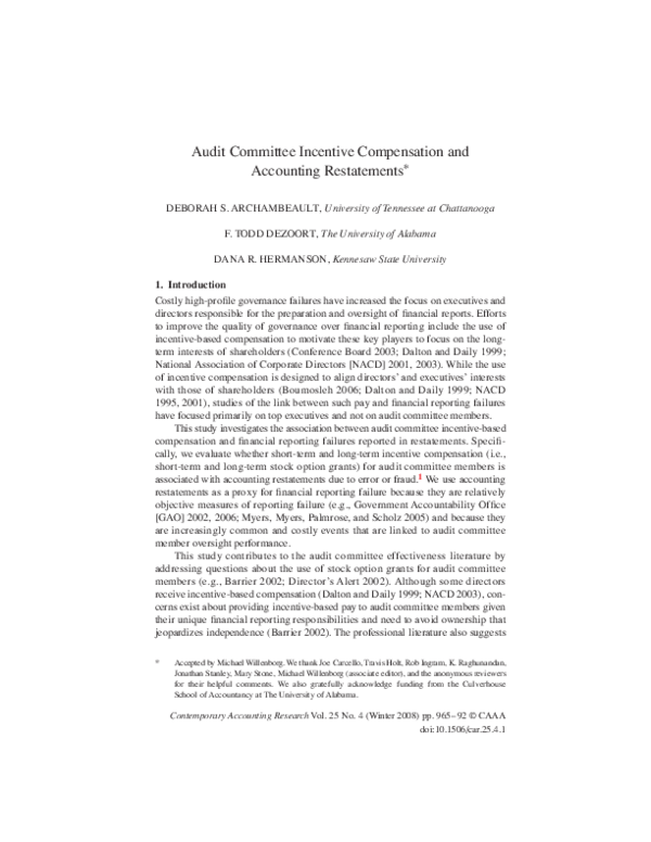 (PDF) Audit Committee Incentive Compensation and Accounting Restatements