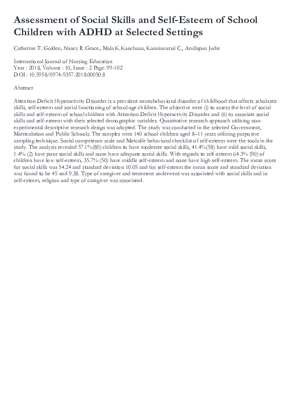 (PDF) Assessment of Social Skills and Self-Esteem of School Children with ADHD at Selected Settings
