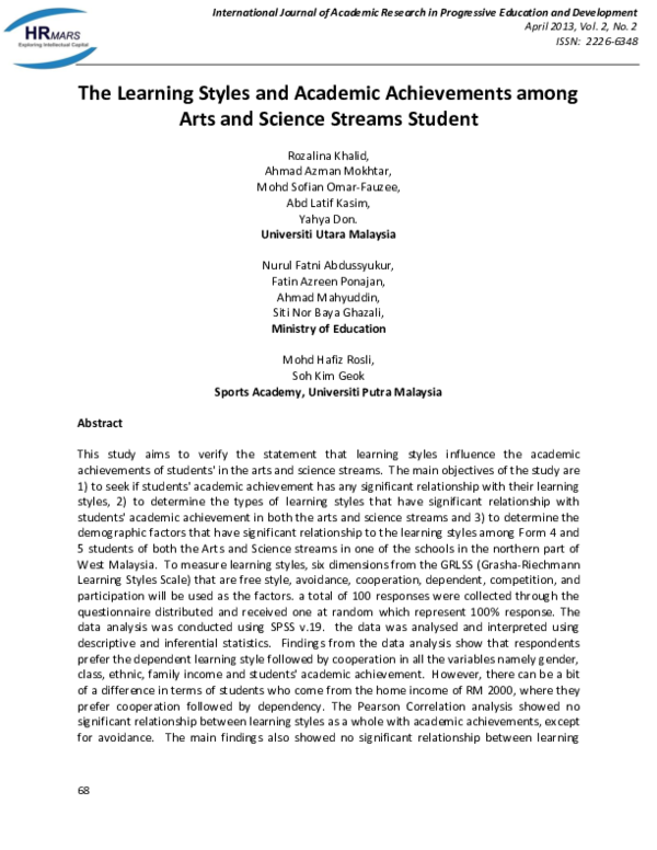 (PDF) The Learning Styles and Academic Achievements among Arts and ...