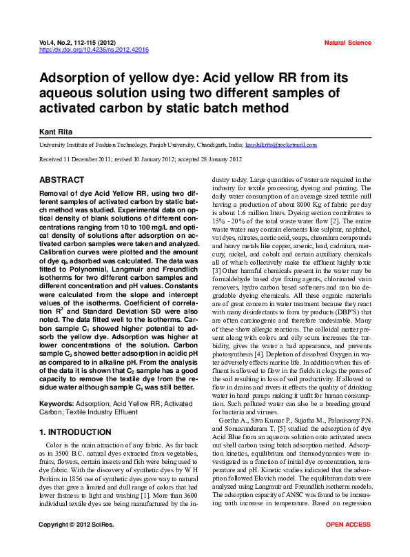 (PDF) Adsorption of yellow dye: Acid yellow RR from its aqueous solution using two different ...