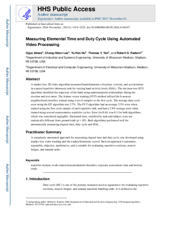 (PDF) Measuring elemental time and duty cycle using automated video ...