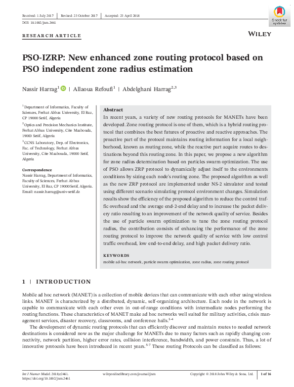 (PDF) PSO‐IZRP: New enhanced zone routing protocol based on PSO independent zone radius estimation