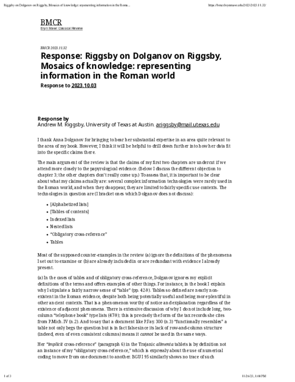 (PDF) Response: Riggsby on Dolganov on Riggsby, Mosaics of knowledge ...