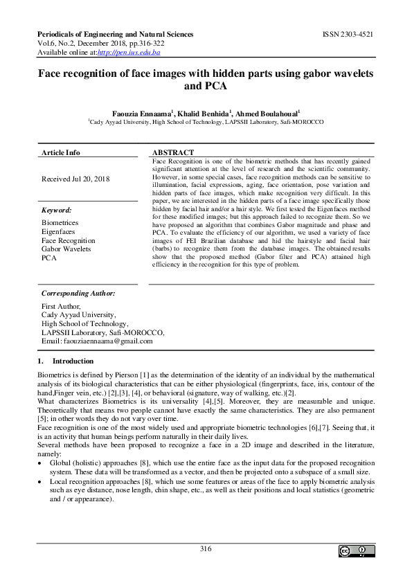 (PDF) Face recognition of face images with hidden parts using Gabor wavelets and PCA