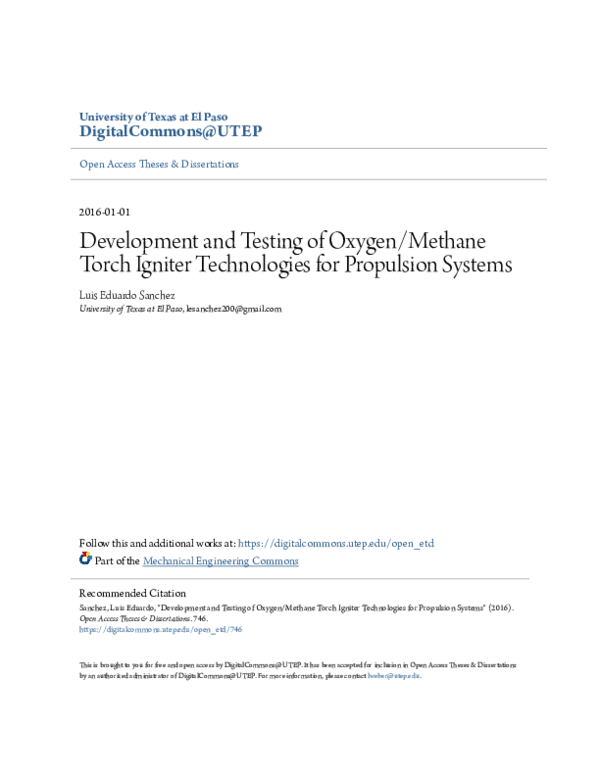 (PDF) Development and Testing of a O 2/CH 4 Torch Igniter for ...