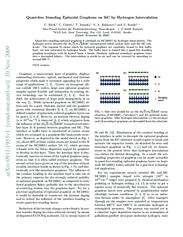 (PDF) Quasi-Free-Standing Epitaxial Graphene on SiC Obtained by Hydrogen Intercalation