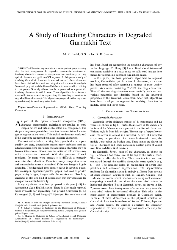 (PDF) A Study of Touching Characters in Degraded Gurmukhi Text