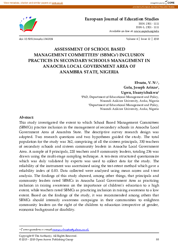 (PDF) ASSESSMENT OF SCHOOL BASED MANAGEMENT COMMITTEES’ (SBMCs ...
