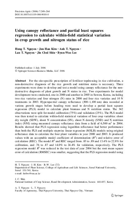 (PDF) Using canopy reflectance and partial least squares regression to calculate within-field ...