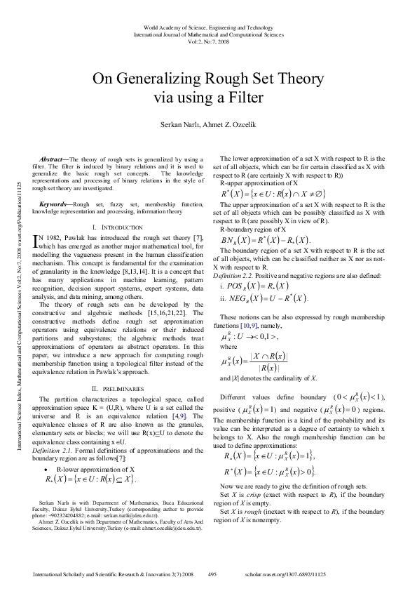 (PDF) On Generalizing Rough Set Theory via using a Filter