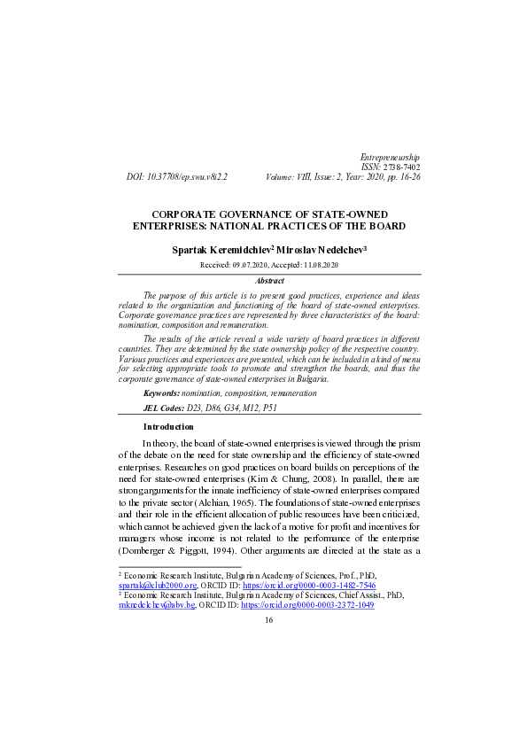 (PDF) Corporate Governance of State-Owned Enterprises: National Practices of the Board
