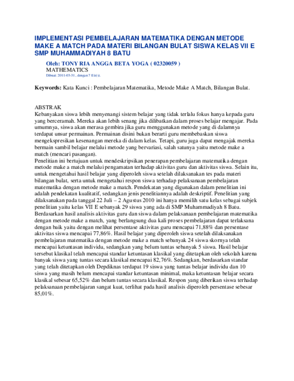 (PDF) Implementasi Pembelajaran Matematika Dengan Metode Make a Match Pada Materi Bilangan Bulat ...