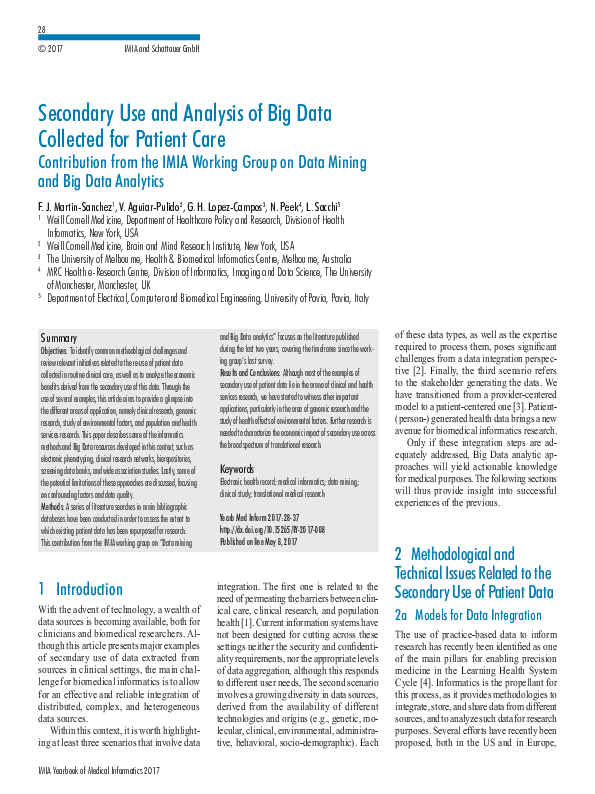 (PDF) Secondary Use and Analysis of Big Data Collected for Patient Care. Contribution from the ...