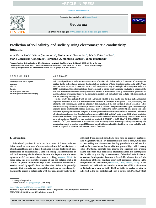 (PDF) Prediction of soil salinity and sodicity using electromagnetic conductivity imaging