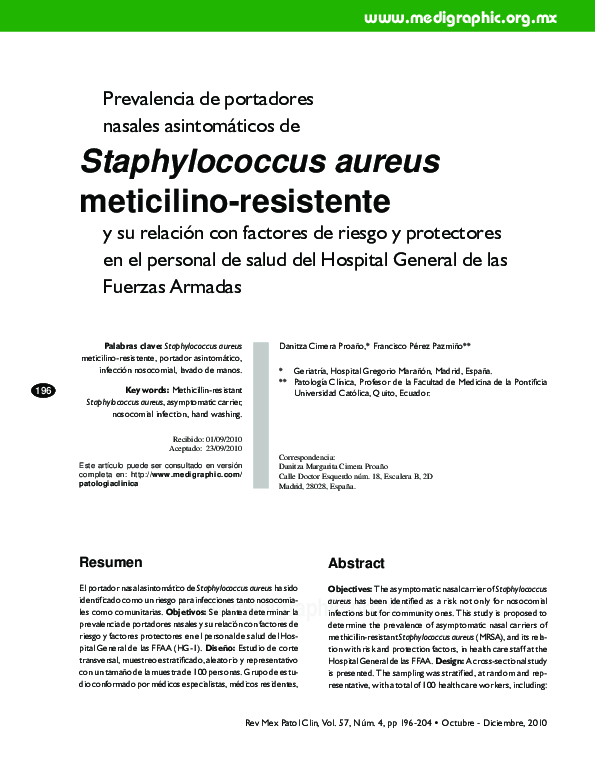 (PDF) Prevalencia de portadores nasales asintomáticos de Staphylococcus aureus meticilino ...