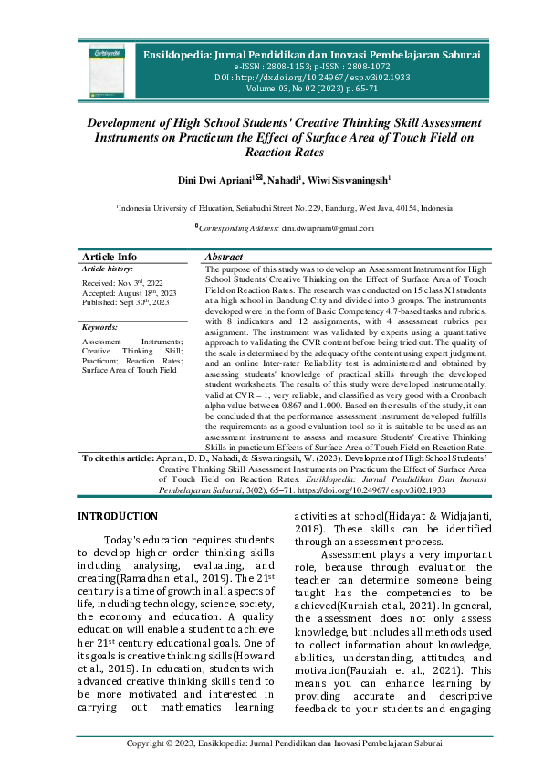 (PDF) Development of High School Students' Creative Thinking Skill Assessment Instruments on ...
