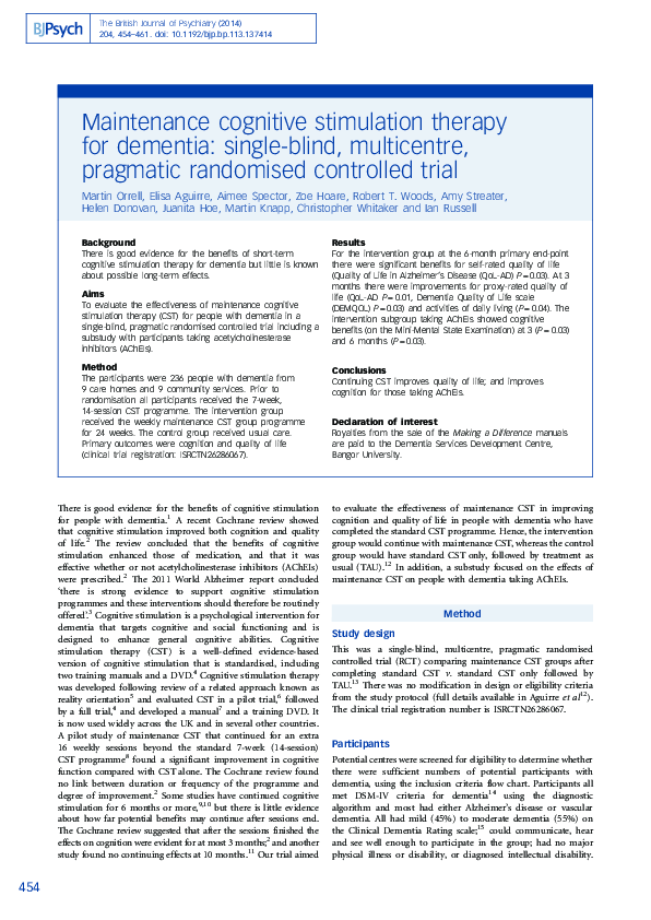 (PDF) Maintenance cognitive stimulation therapy for dementia: single-blind, multicentre ...