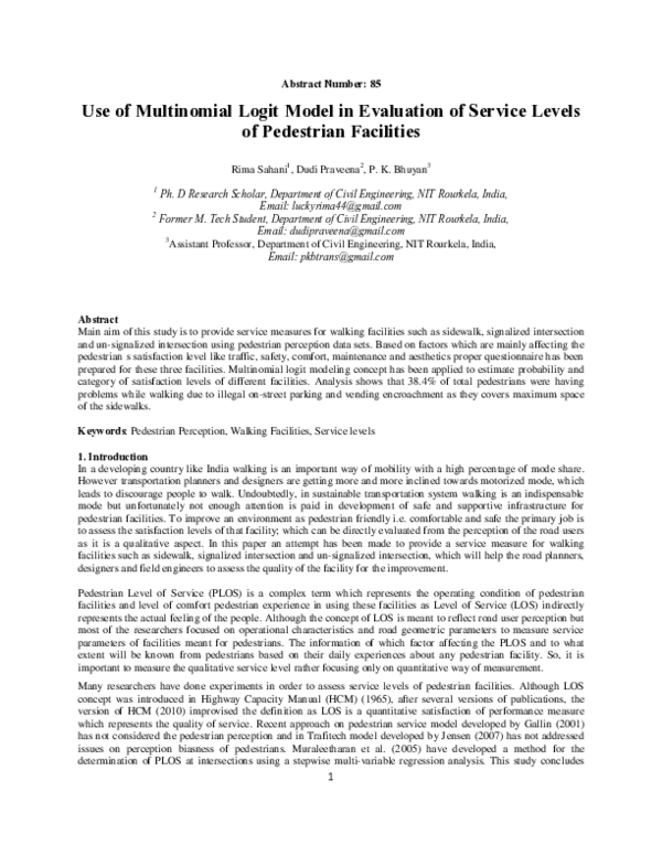 (PDF) Use of Multinomial Logit Model in Evaluation of Service Levels of Pedestrian Facilities