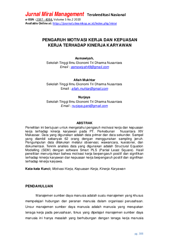 (PDF) Pengaruh Motivasi Kerja Dan Kepuasan Kerja Terhadap Kinerja Karyawan