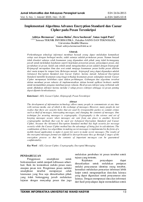 Pdf Implementasi Algoritma Advance Encryption Standard Dan Caesar Cipher Pada Pesan Terenkripsi