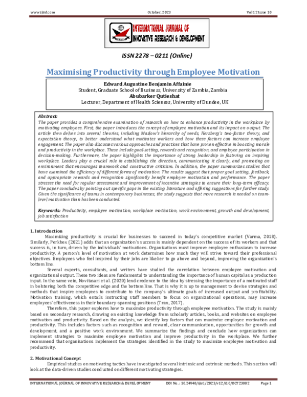 (PDF) Maximising Productivity through Employee Motivation