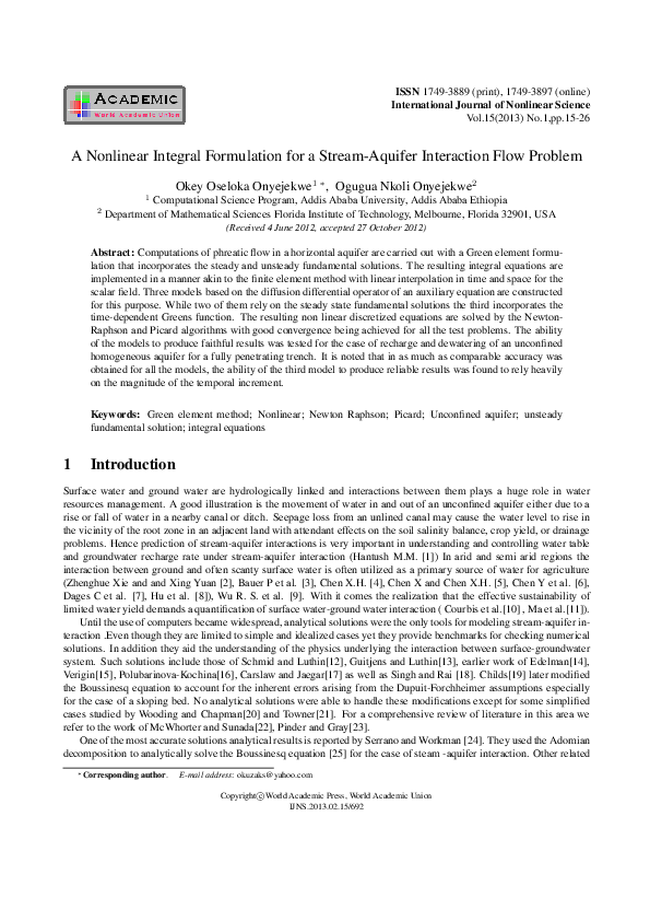 (PDF) A Nonlinear Integral Formulation for a Stream-Aquifer Interaction Flow Problem