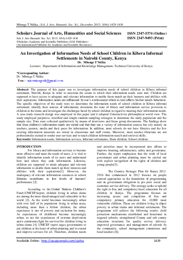 (PDF) An Investigation of Information Needs of School Children in Kibera Informal Settlements in ...