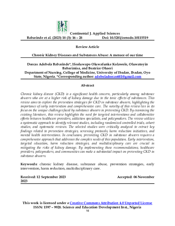 (PDF) Chronic Kidney Diseases and Substances Abuse: A menace of our time