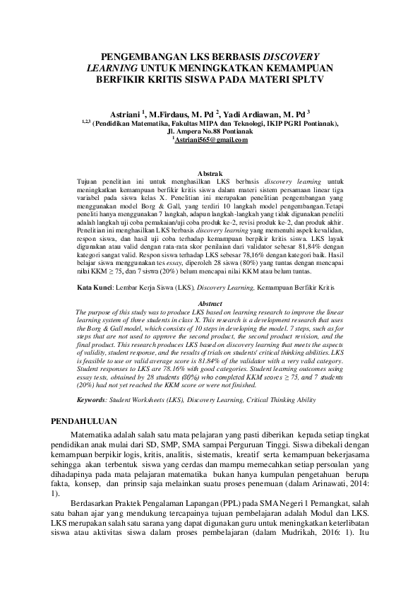 (PDF) Pengembangan LKS Berbasis Discovery Learning Untuk Meningkatkan Kemampuan Berfikir Kritis ...