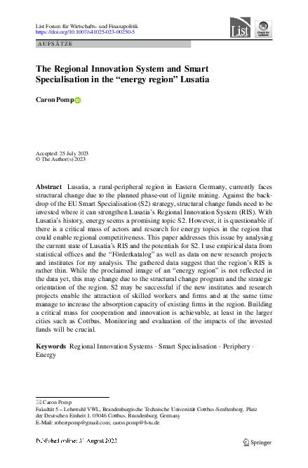 (PDF) The Regional Innovation System and Smart Specialisation in the “energy region” Lusatia