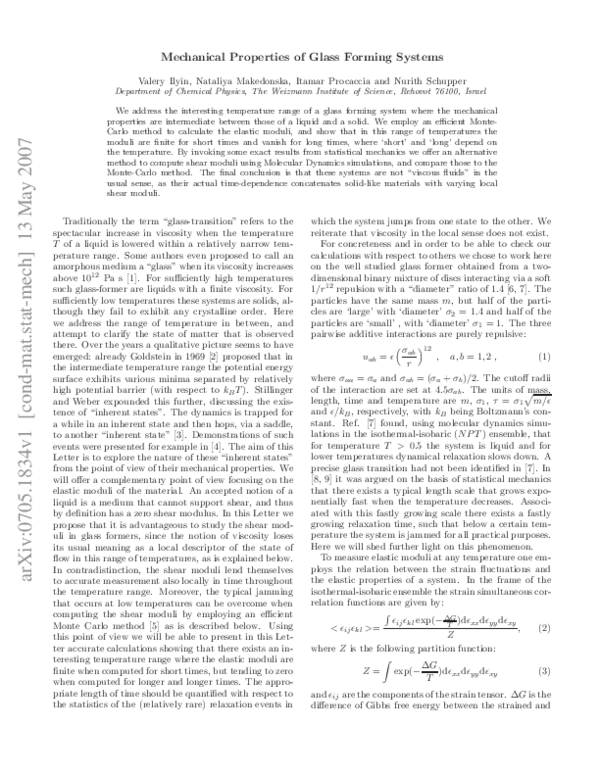 (PDF) Mechanical properties of glass forming systems