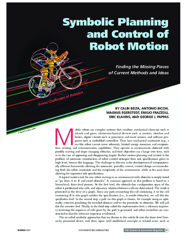 (PDF) Symbolic planning and control of robot motion [Grand Challenges of Robotics]