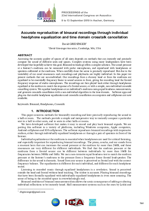 Pdf Accurate Reproduction Of Binaural Recordings Through Individual Headphone Equalization And