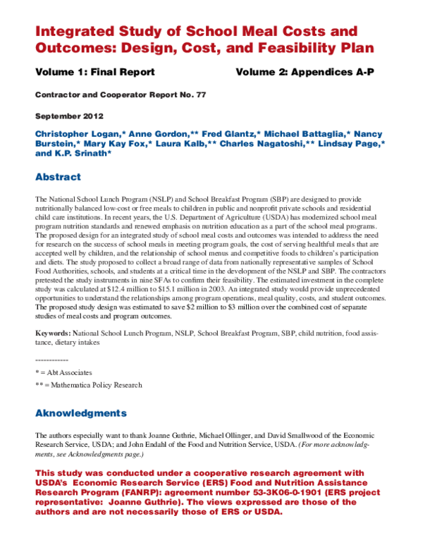 (PDF) Integrated Study of School Meal Costs and Outcomes: A Design ...