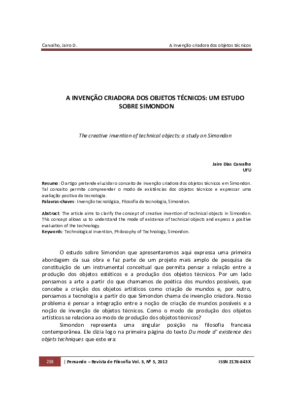 (PDF) A invenção criadora dos objetos técnicos: Um estudo sobre ...