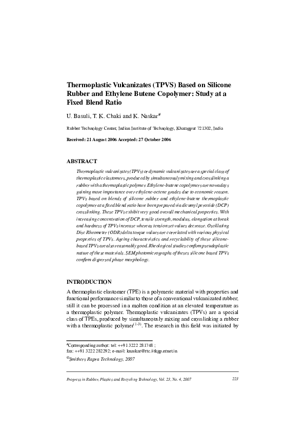 (PDF) Thermoplastic Vulcanizates (TPVS) Based on Silicone Rubber and ...