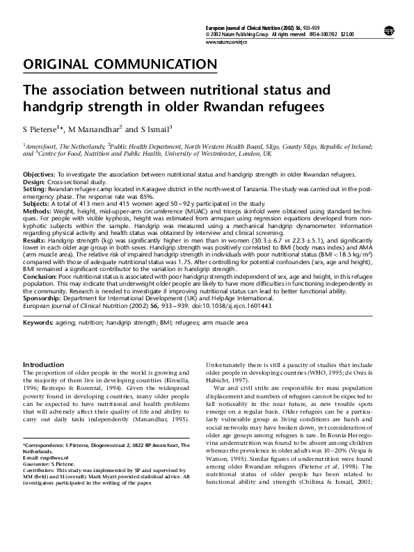 (PDF) The association between nutritional status and handgrip strength ...