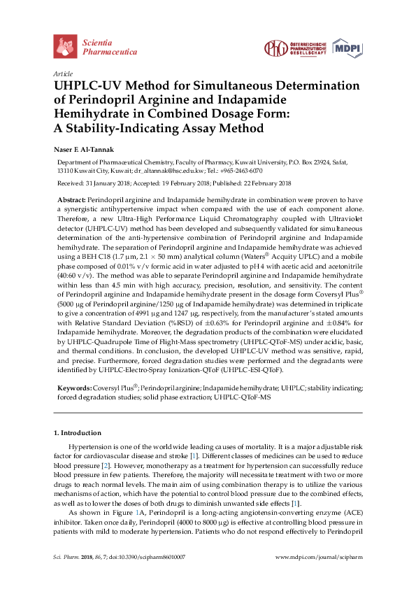 (PDF) UHPLC-UV Method for Simultaneous Determination of Perindopril Arginine and Indapamide ...