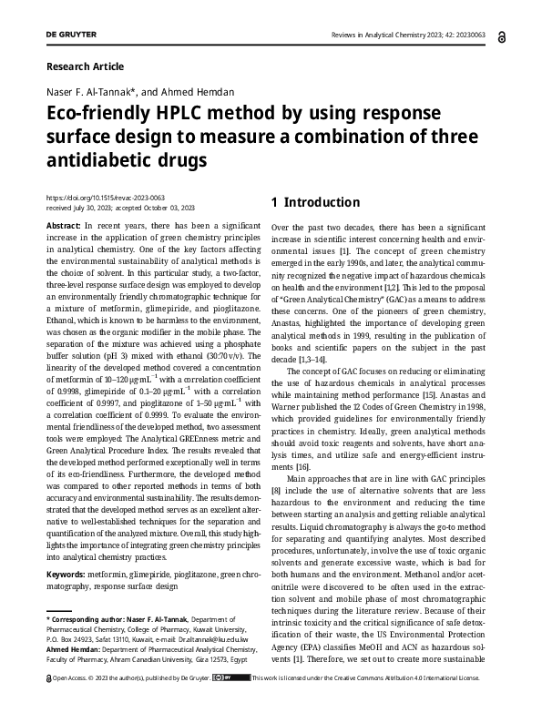 (PDF) Eco-friendly HPLC method by using response surface design to measure a combination of ...