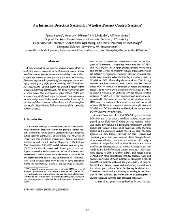 (PDF) An intrusion detection system for wireless process control systems